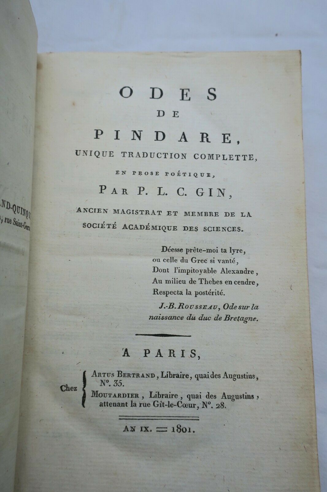 Pindare Odes de Pindare 1801 - Les Livres Anciens